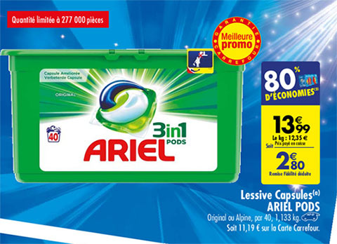 Lessive Ariel Pods pas chère : 80% remboursé, bon de réduction