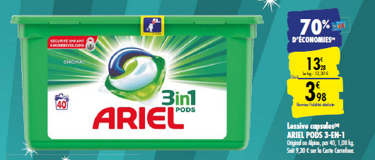 Bons plans Lessive Ariel Pods : 3,98€ le pack / -2,50€ en coupon