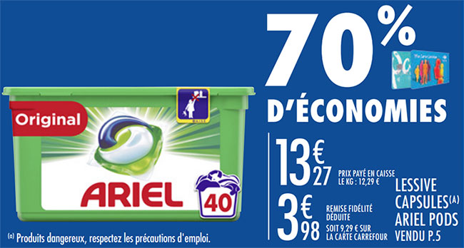 Bons plans Lessive Ariel Pods : 3,98€ le pack / -1,50€ en coupon