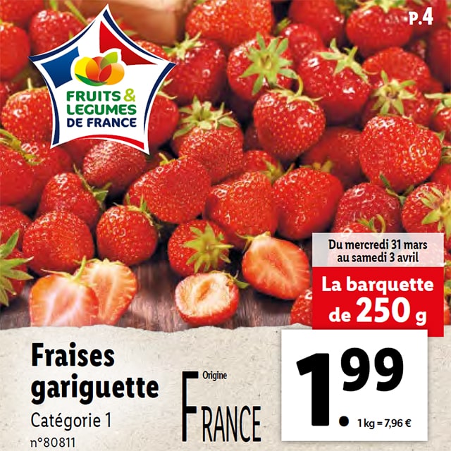 Lidl : Fraises Gariguette en barquette de 250g à 1,99€