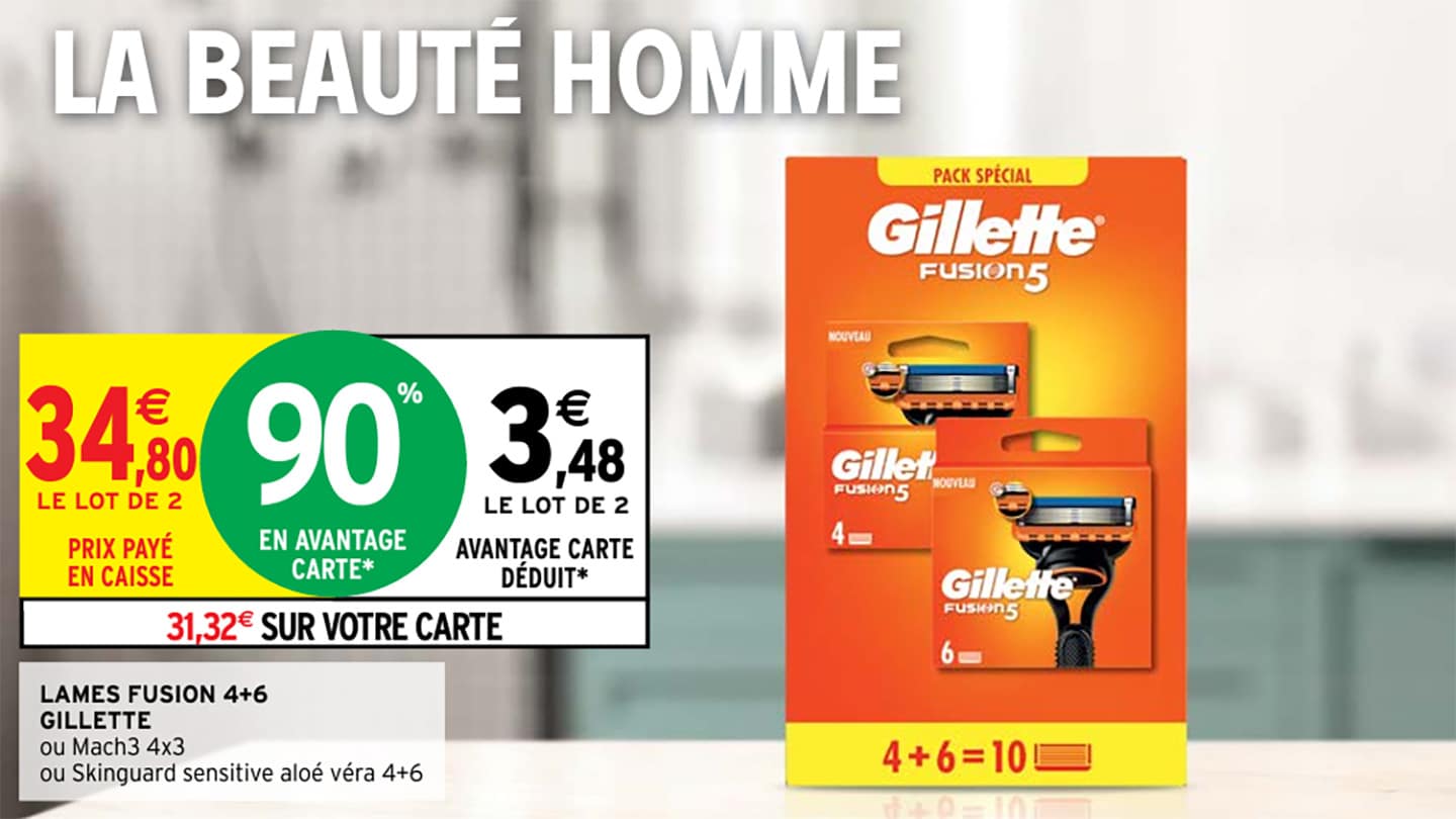 Intermarché : 10 lames de rasoir Gillette à 3,48€ (90% de remise fidélité)
